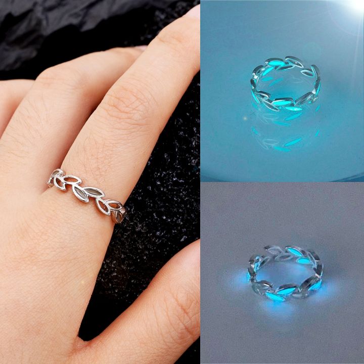 1/2pcs Fashion Luminous Leaves Rings Glow In Dark Fluorescent Women Men ...