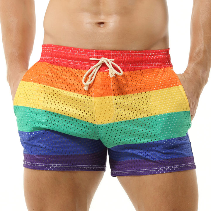 Rainbow Striped Mens Beach Shorts Board Swimming Trunks Swimwear Mesh ...
