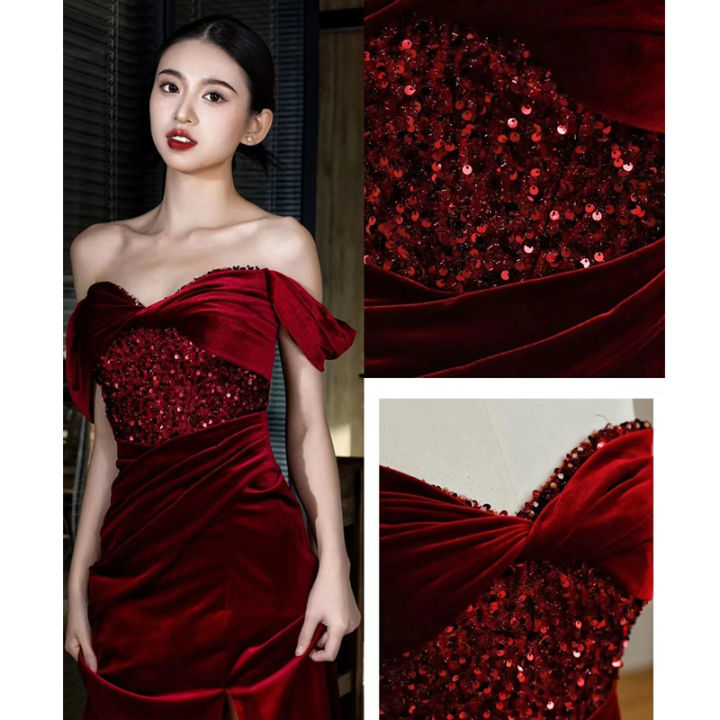 Mermaid Toast Dress Bride Burgundy Engagement Dress One-shoulder High ...