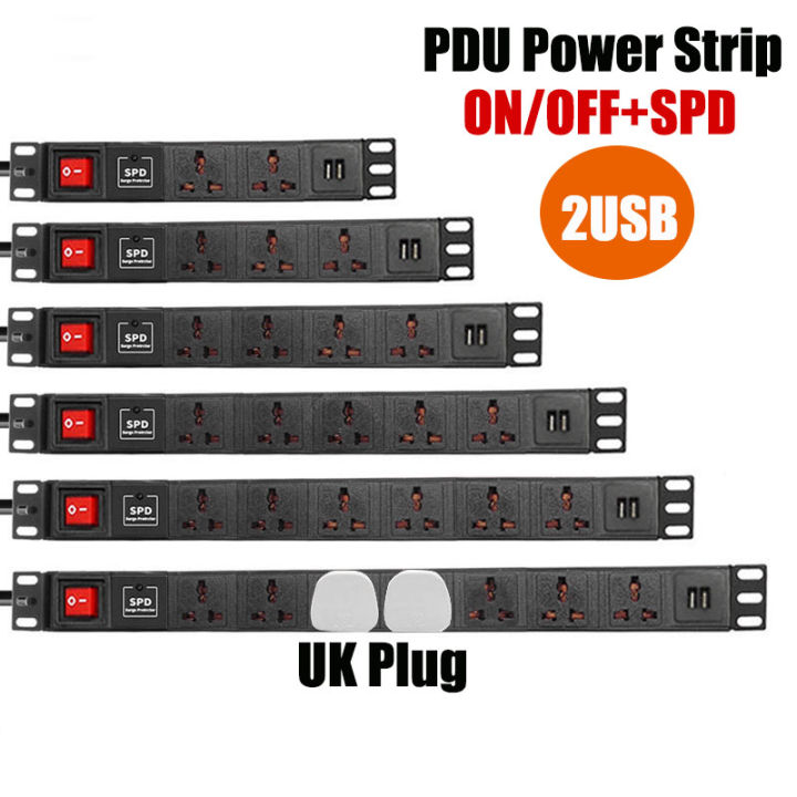1U PDU Power Strip 2USB 2-8 Socket Surge Protector+Switch Extension Socket BS UK Plug 2Meters ...