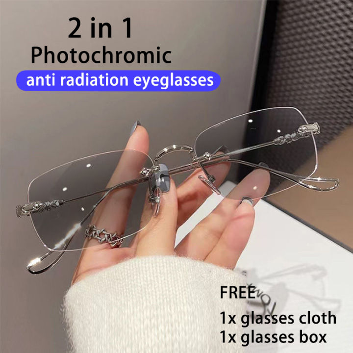Photochromic Anti Radiation Rimless Eyeglasses For Women Men Transition ...