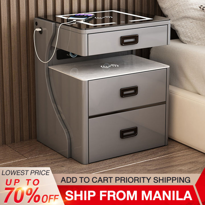 BAIERDI Smart bedside table modern simple solid wood minimalist bedside ...