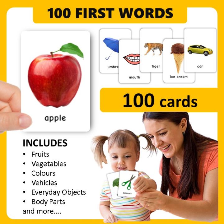 100 First Words Flash Cards for Kids English Flashcards Vocabulary ...