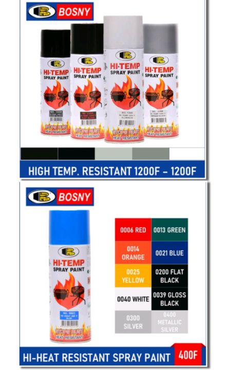 BOSNY ACRYLIC SPRAY PAINT HI TEMPERATURE 1200°F / HI HEAT 400°F COLORS ...