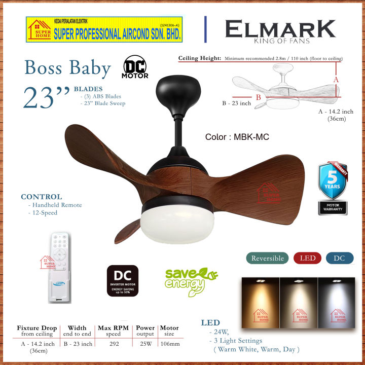 Elmark DC Motor Ceiling Fan Boss Baby 23 inch Remote Control ((DC Motor ...