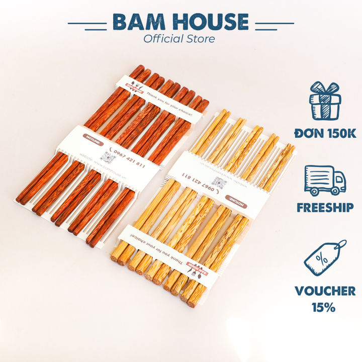 Bộ 10 đôi Đũa gỗ dừa và gỗ cọ Bam House hoạ tiết vân dừa cao cấp DGD04 | Lazada.vn