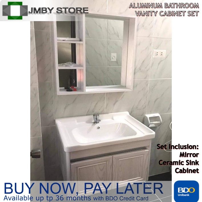 Rust-Resistant Aluminum Bathroom Vanity Cabinet with Mirror and Ceramic ...