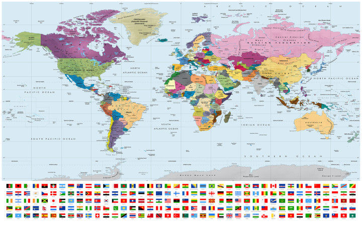 WORLD MAP WALL CHART INCLUDING FLAGS LAMINATED OPTION Art Silk Poster ...