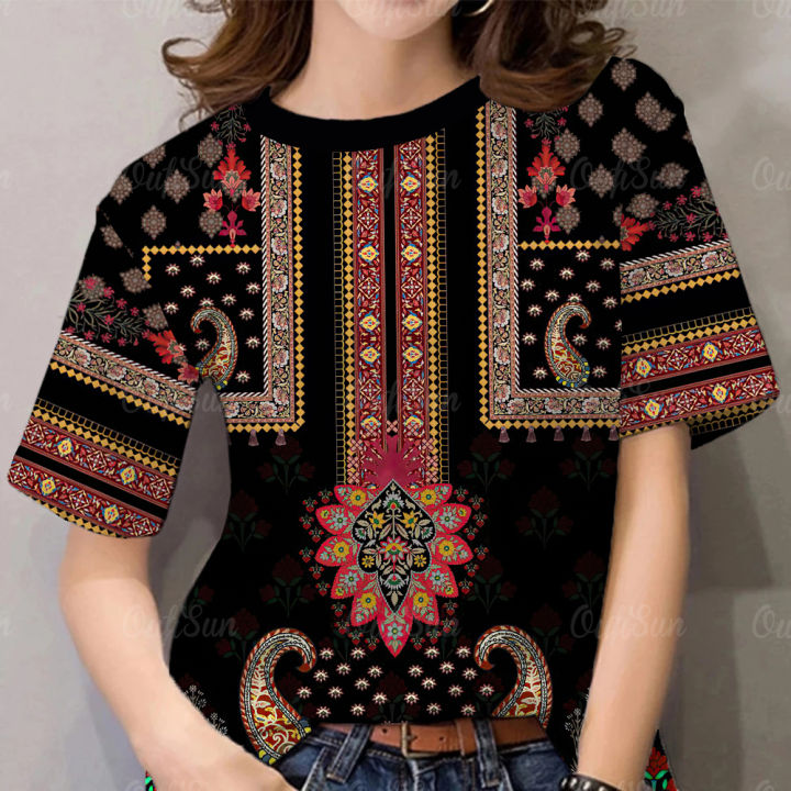 2025 Bohemian Retro Ethnic Style Full Printed Short-Sleeved Top Barong ...