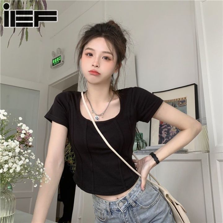 IEF เสื้อยืดผู้หญิงสไตล์เกาหลี,เสื้อครอปคอสี่เหลี่ยมแขนสั้น Cewek Seksi | Lazada.co.th