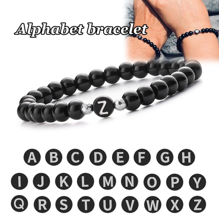Black Frosted Stone 26 Letters Bead Name Bracelet Unisex Couple Love ...