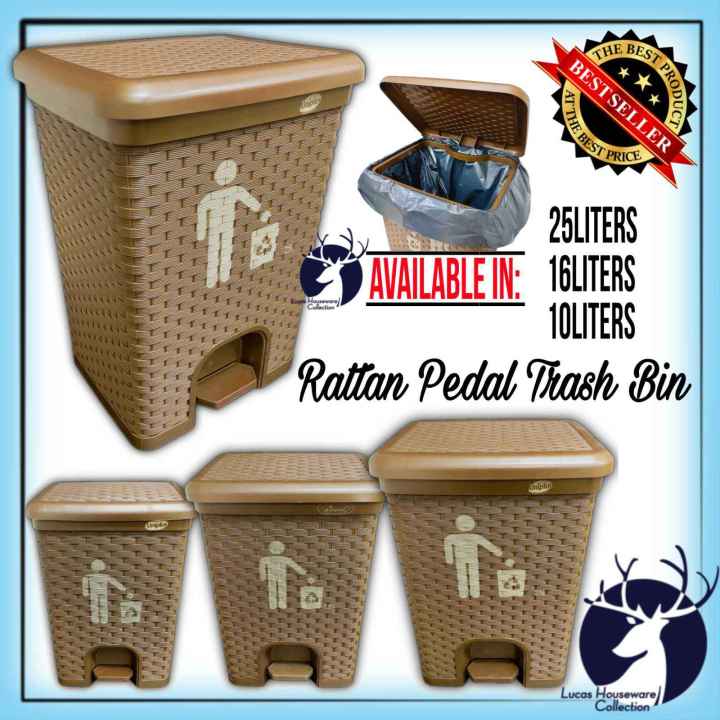 PLASTIC RATTAN WEAVED TRASH CAN W/ PEDAL & COVER / GARBAGE BIN / TRASH ...