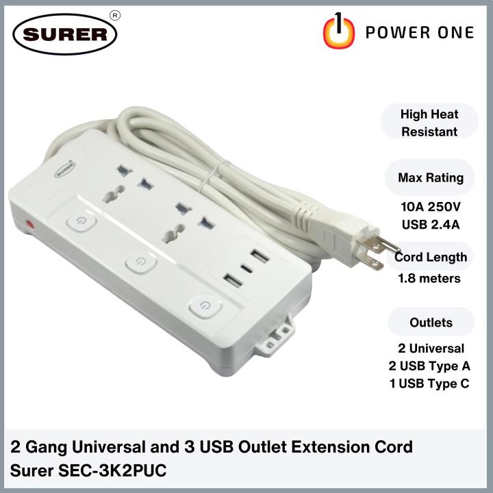 SURER 2 Gang Universal and 3 USB Outlet (2 Type A + 1 Type C) Extension ...