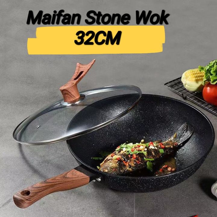 32cm Korean Non-Stick Maifan Stone Frying Pan Smokeless Cooking Wok Medical Stone(Maifan stone ...