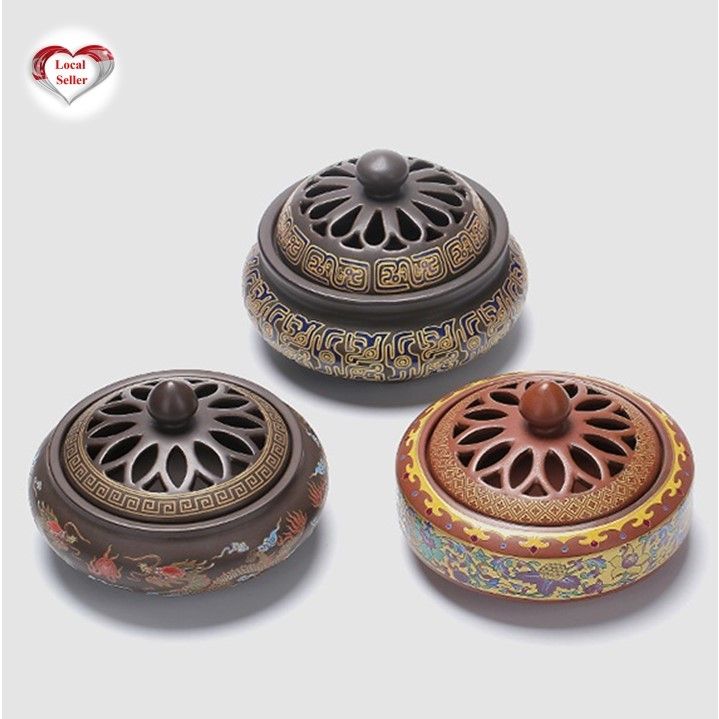 Exquisite Enamel Design Ceramic Carved Incense Burner comes with 3 ...