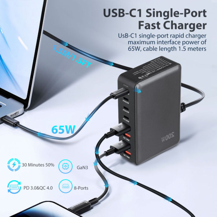 บล็อกเครื่องชาร์จ USB 200W ใช้ฮับสถานทีชาร์จโทรศัพท์เร็ว + Charger Laptop USB PD 65W | Lazada.co.th
