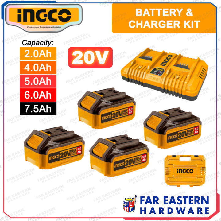 INGCO Battery & Charger Kit 20V for Cordless Power Tools 2.0Ah | 4.0Ah ...