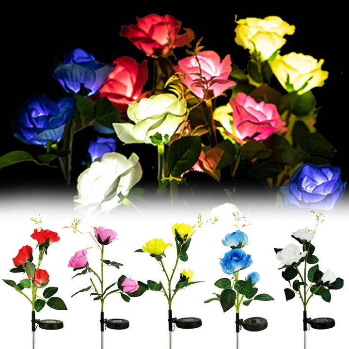 Solar LED 3/5 Heads Romantic Rose Light Outdoor Garden Flower Lantern ...