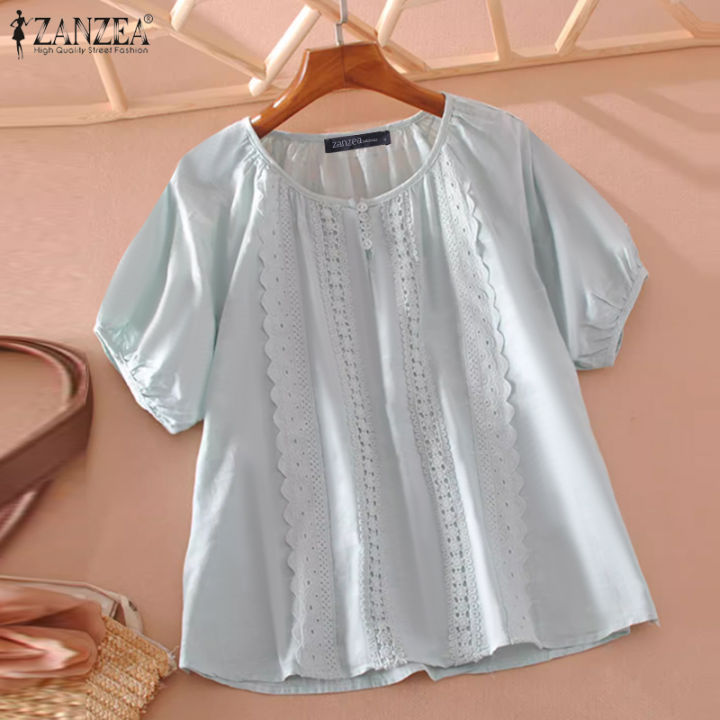 ZANZEA Women's Blouse Short Sleeve Lace Patchwork Loose Summer Plain O ...