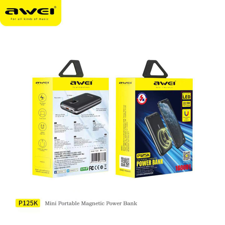 Awei P125K 10000mAh Mini PortablePower Bank 15W Wireless and 22.5W ...