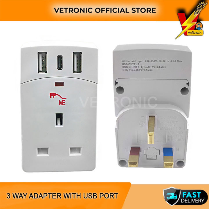 3 Way Adaptor 13A Travel Adapter with 3.1A USB Charger Socket Outlet ...