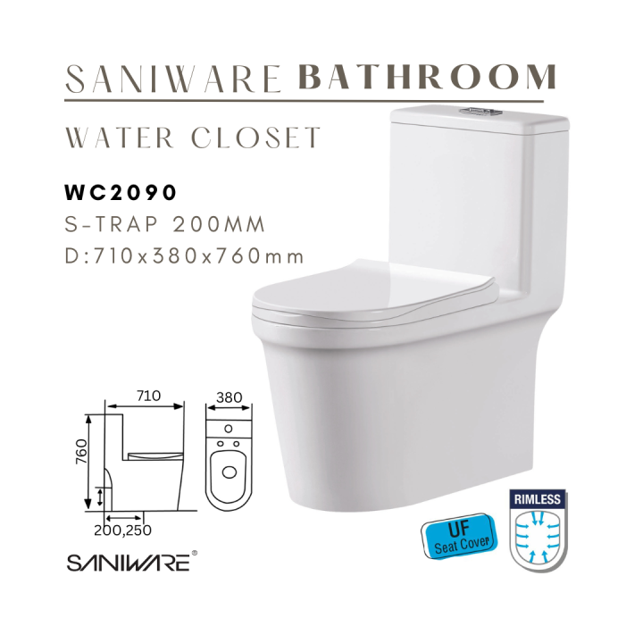 WC2090 SANIWARE RIMLESS ONE PIECE WATER CLOSET S-TRAP 200,250MM COME ...