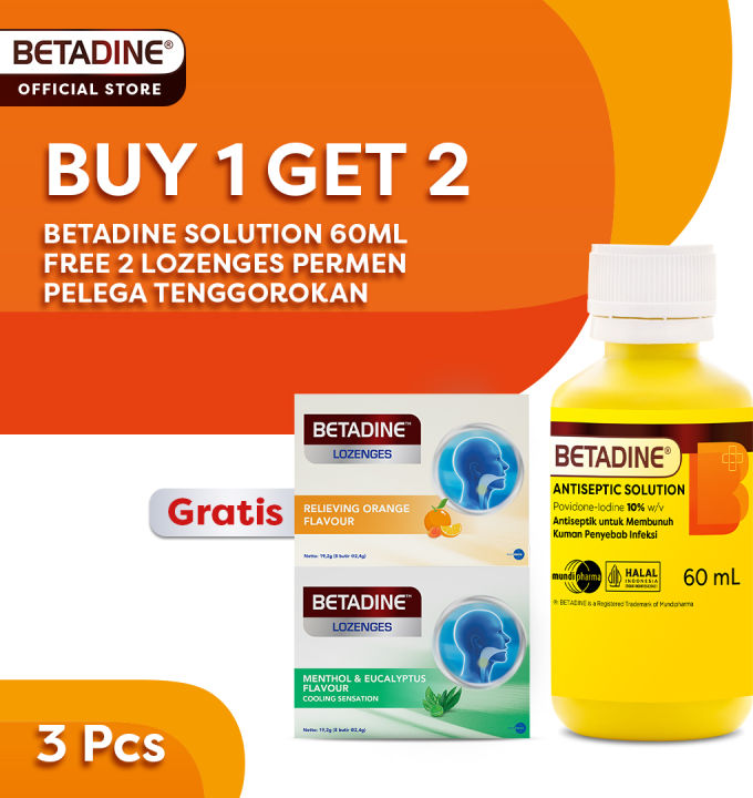 Buy 1 Get 2 BETADINE SOLUTION 60ml + FREE 2 LOZENGES Permen Pelega ...