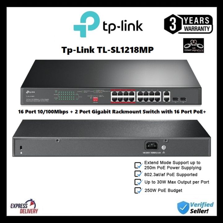 Tp-Link TL-SL1218MP 16 Port 10/100Mbps + 2 Port Gigabit Rackmount Switch with 16 Port PoE+ | Lazada