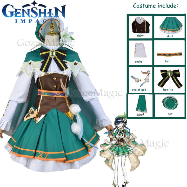 Genshin Impact Venti วิกผ้าคลุมชุดแต่งกายคอสเพลย์อนิเมะเกมทั้งชุดชุดผู้หญิงหญิงสาวฮาโลวีนปาร์ตี้