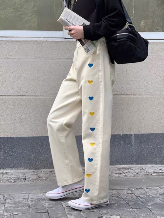 FASHIONJEANS_SHOP กางเกงยีนส์ขายาวเอวสูงลายปักหัวใจ ขายาวทรงกระบอกมีดี ...