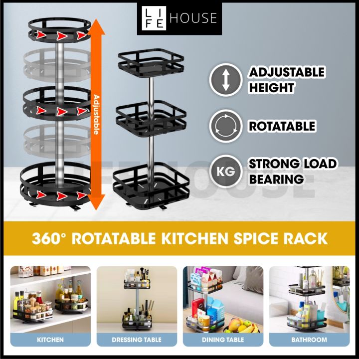 360 Degree Rotatable Kitchen Spice Rack (1-3 Layers) Rak Dapur ...