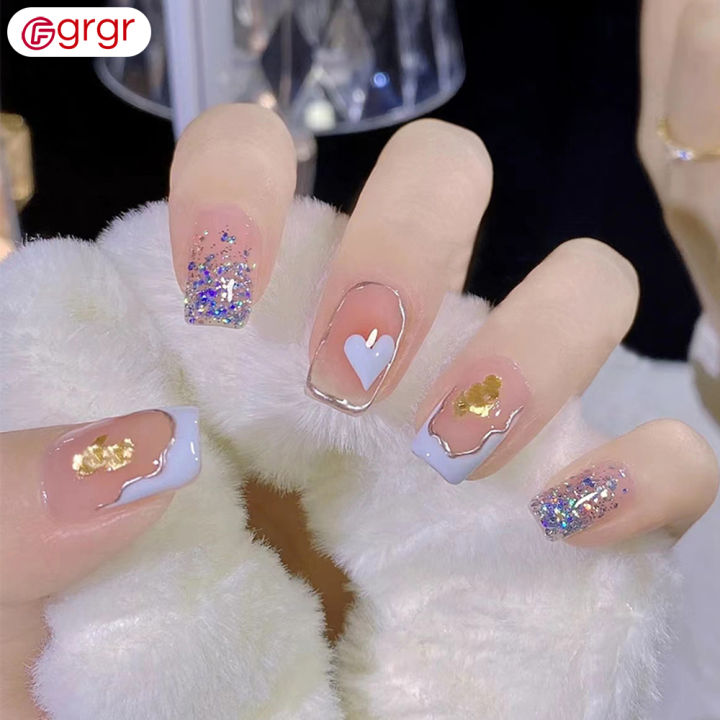 Fgrgr 24 PCS Fake Nail Glossy Short Square Nail with Colorful Glitter ...