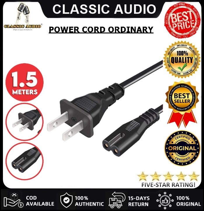 AC Power Cord Cable 2-prong 1.5 Meters classic audio (original) | Lazada PH