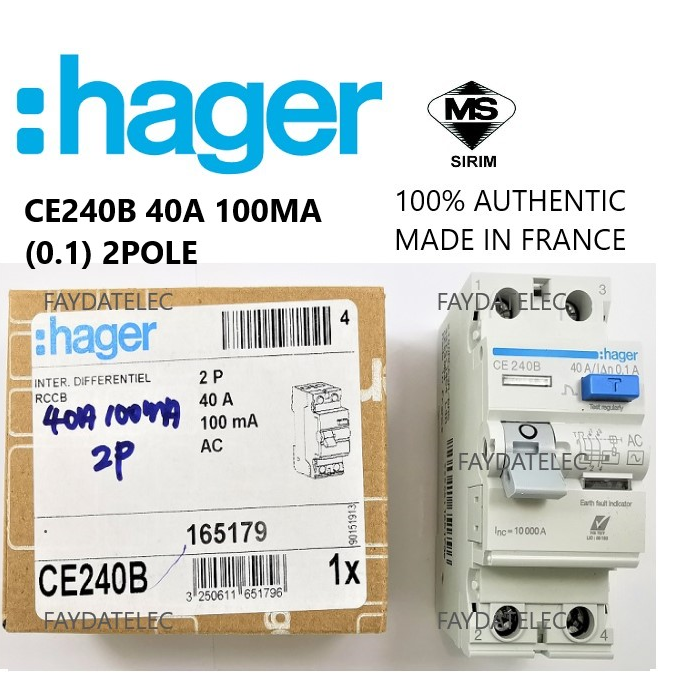 HAGER 2P 40A 100MA(0.1A) RCCB / ELCB (CE240B) (100% AUTHENTIC MADE IN FRANCE) SIRIM APPROVED ...