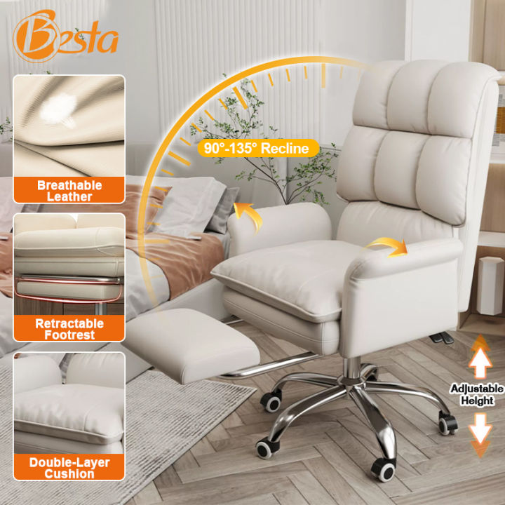【90-135° Recline】Korean Leather Office Chair Ergonomics Chair Mesh ...