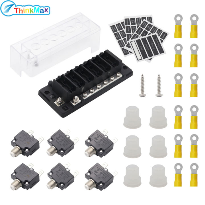 12V-32V 100A 6P Circuit Breaker Bus Bar Kit 1 In 6 Out #8 Screw Terminal Power Distribution ...