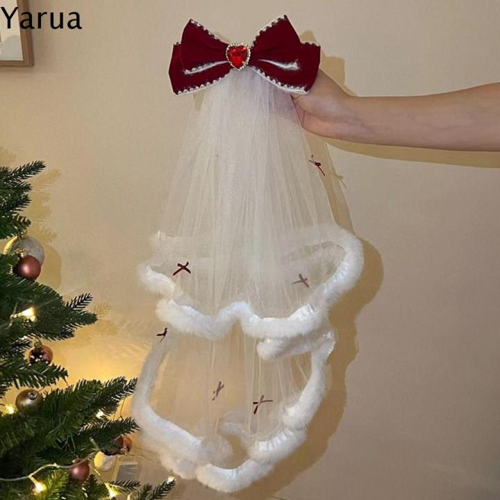 YARUA หัวใจ ผ้าคลุมหน้าโบว์กำมะหยี่ยาว โรแมนติก โบว์ คลิปผมคริสต์มาส ...