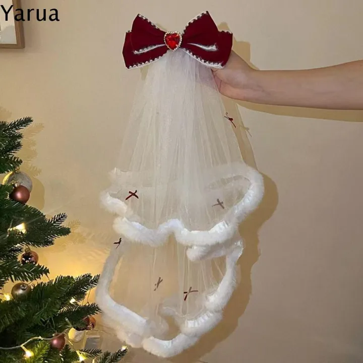 YARUA หัวใจ ผ้าคลุมหน้าโบว์กำมะหยี่ยาว โรแมนติก โบว์ คลิปผมคริสต์มาส ...