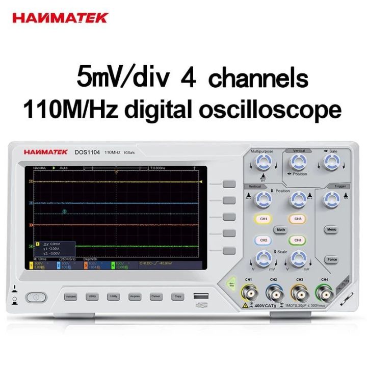 Hanmatek Digital Oscilloscope 5mV/Div 2 /4 Channels 110MhZ Bandwidth 1GS/s Sampling Rate 7-inch ...