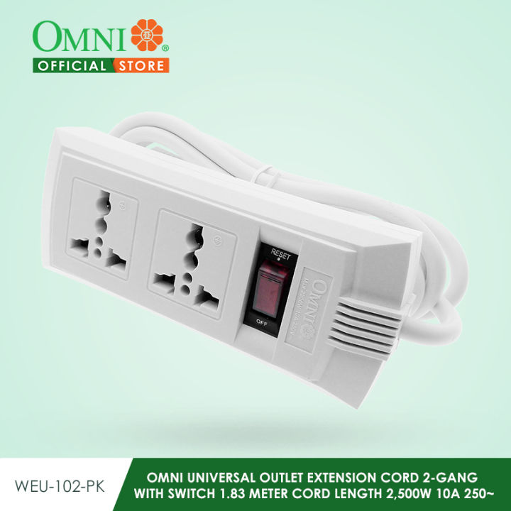 OMNI Universal Outlet Extension Cord 2-Gang with Switch 1.83 Meter Cord ...