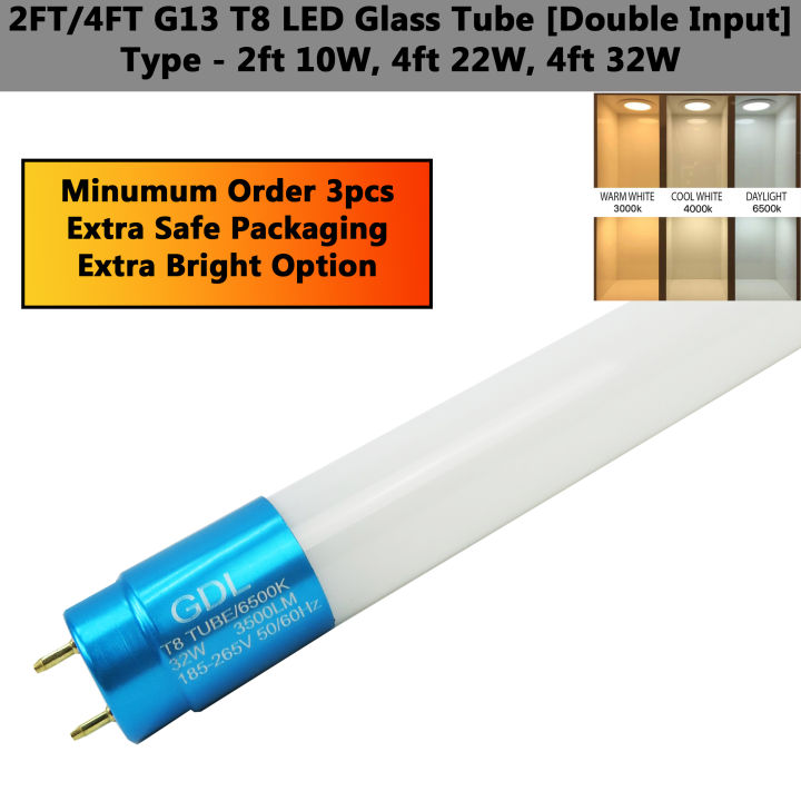 3H Lampu Mentol LED T8 Tube Kaca G13 2ft/4ft [10W/22W/32W] T8 Double ...