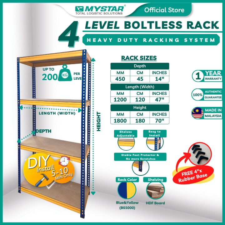 MYSTAR Boltless Rack 45 x 120 x 180 cm 4 Tier Penyimpanan Rak Besi ...