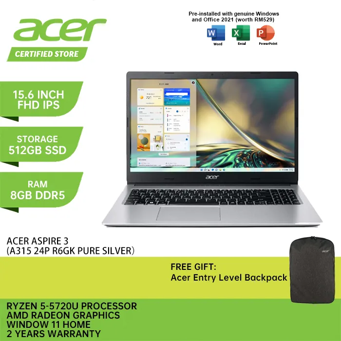 ACER Laptop Aspire 3 R6GK ( 15.6 Inch FHD IPS | Ryzen 5-7520U | 8GB OB ...