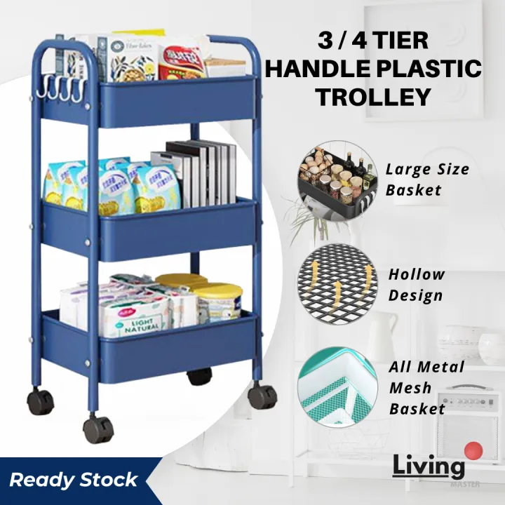 Plastic Storage Cart Movable Kitchen 3/4 Tier Trolley Rolling Utility ...