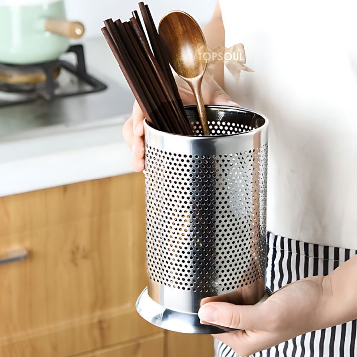 Tempat Sendok Stainless Kaki BULAT / Cutlery Holder Wadah Lubang Simpan ...