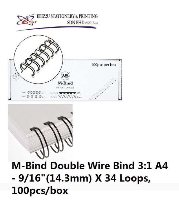 M-Bind Double Wire Bind 3:1 A4 - 9/16"(14.3mm) X 34 Loops, 100pcs/box, Black | Lazada