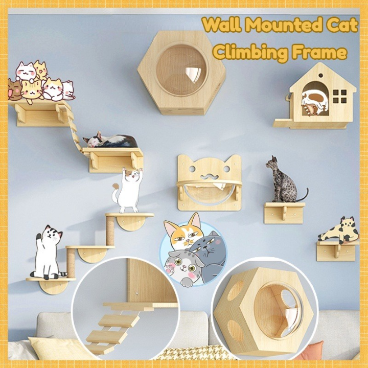 Wall Mounted Cat Climbing Frame Solid Wood Cat Jumping Platform Wall ...