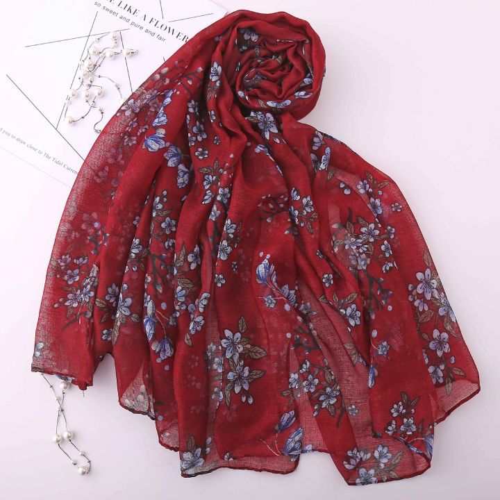 Cotton Chiffon Floral Printed Voile Scarf Female Muslim Turban Pearl ...