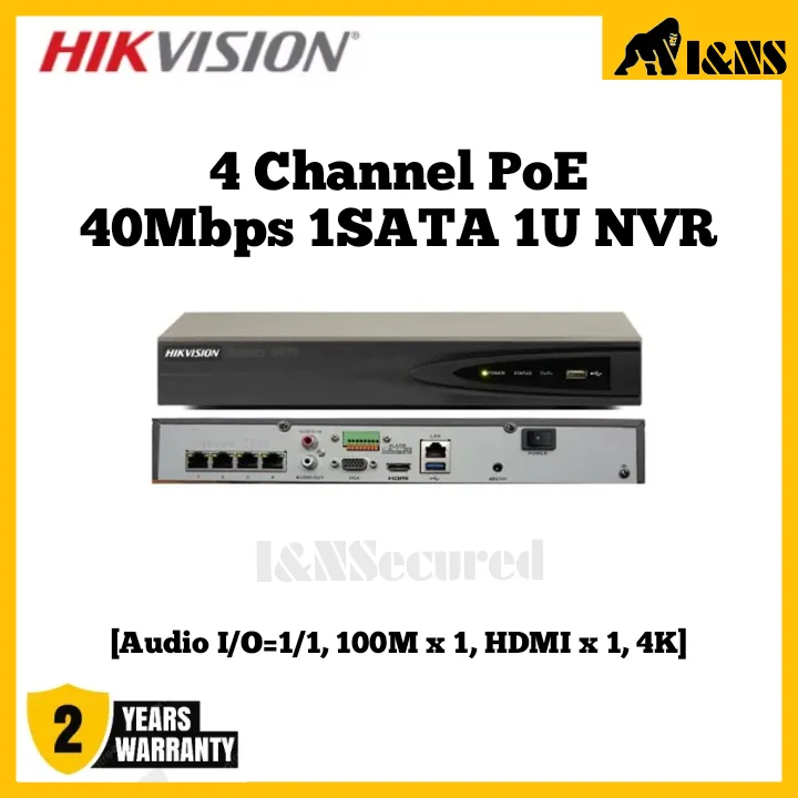 DS-7604NI-Q1/4P(D) HIKVISION H.265+ 40Mbps 4CH 4PoE 1SATA 1U NVR [Audio I/O=1/1, 100M x 1, HDMI ...