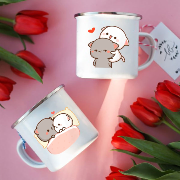 Cute Cartoon Cat Enamel Mug Couples Enamel Cup Lover Coffee Cups Best ...